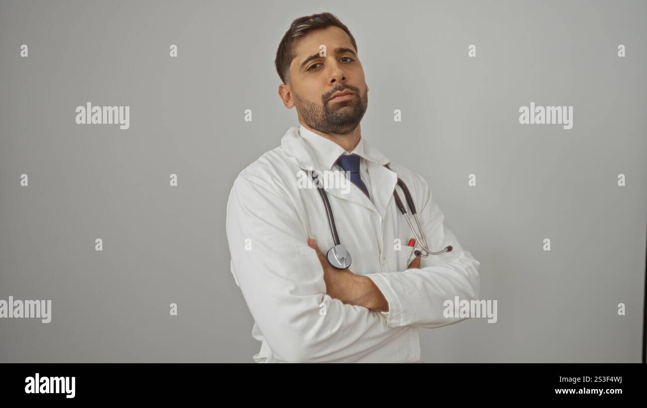 Confident male doctor standing with arms crossed isolated on white ...