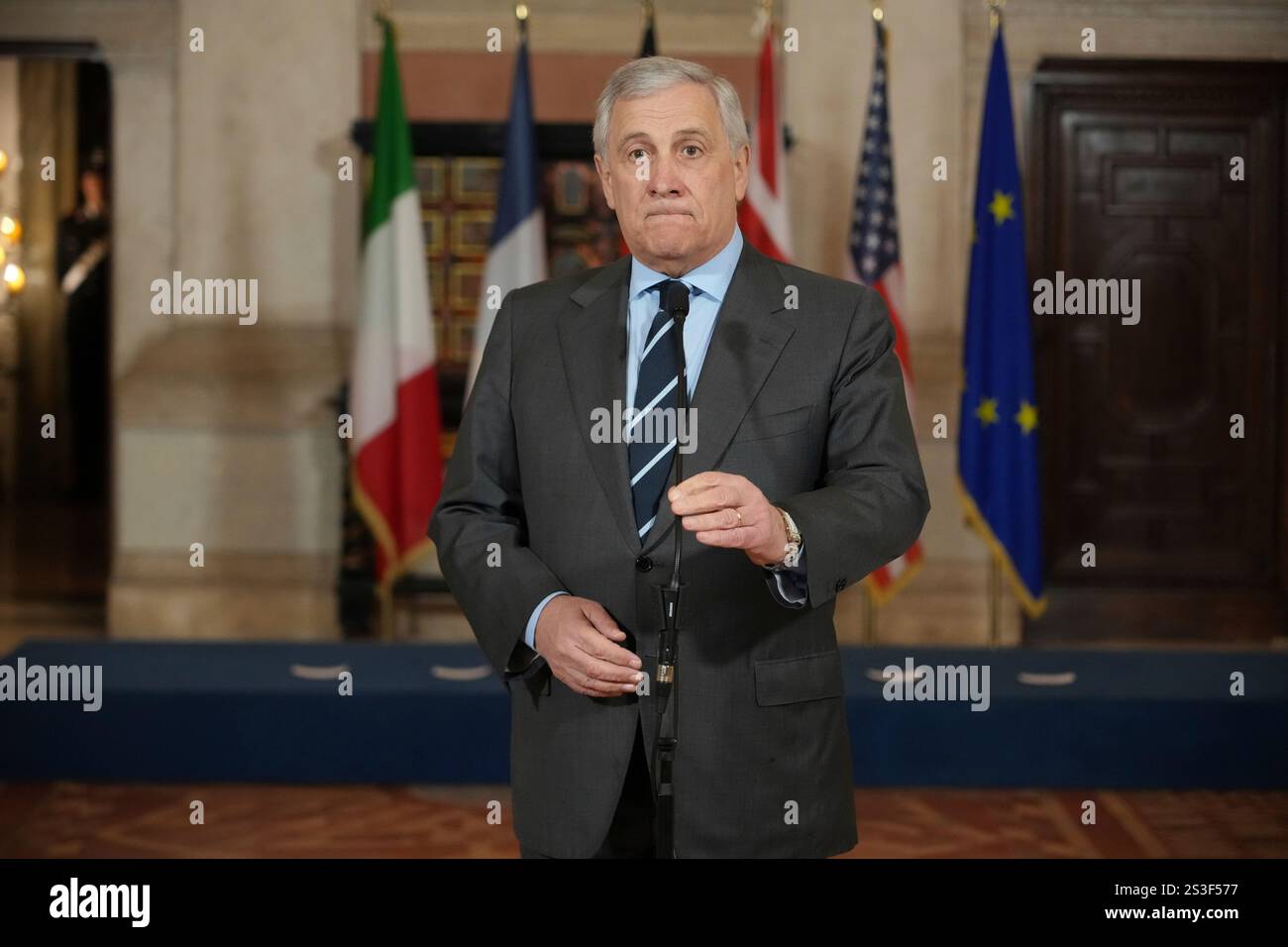 Italian Foreign Minister Antonio Tajani speaks to the media a he ...