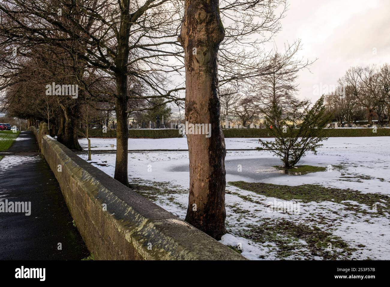 Snow covered church yard of St Peter's Church, Salesbury, Ribble Valley ...