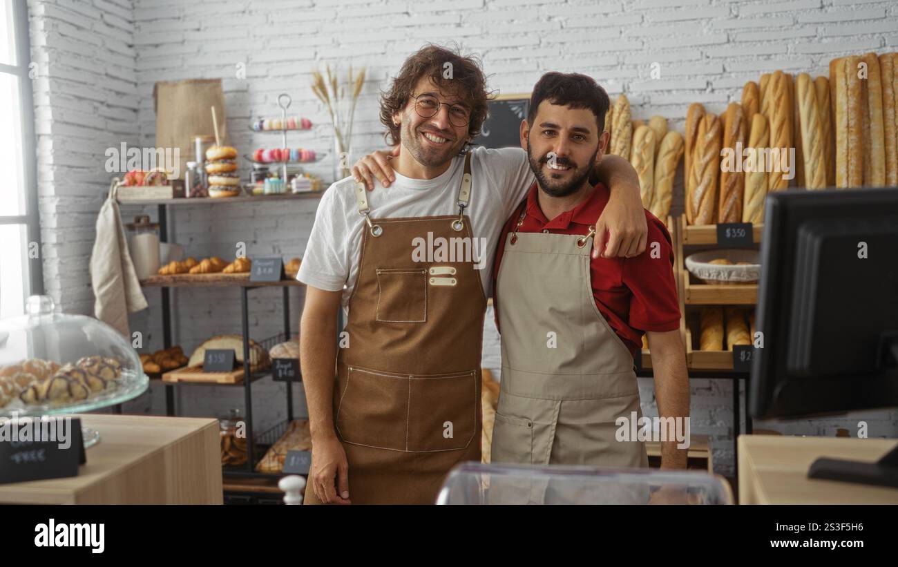 Two male bakers in aprons embrace warmly in a cozy bakery shop interior ...