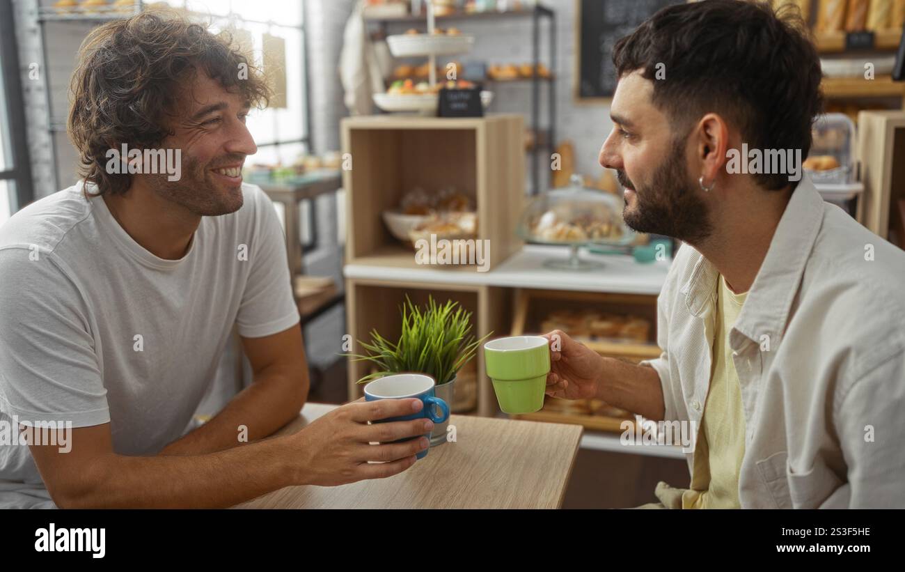 Two men enjoying coffee together in a cozy bakery, highlighting a warm ...