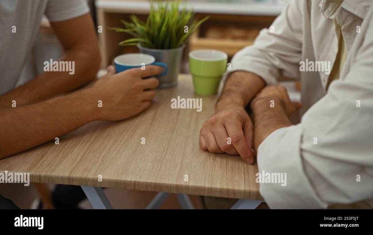 Men talking over coffee in a cafe, depicting friendship and family ...