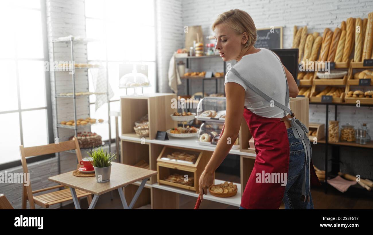 Blonde woman in red apron working inside a bakery shop with shelves of ...