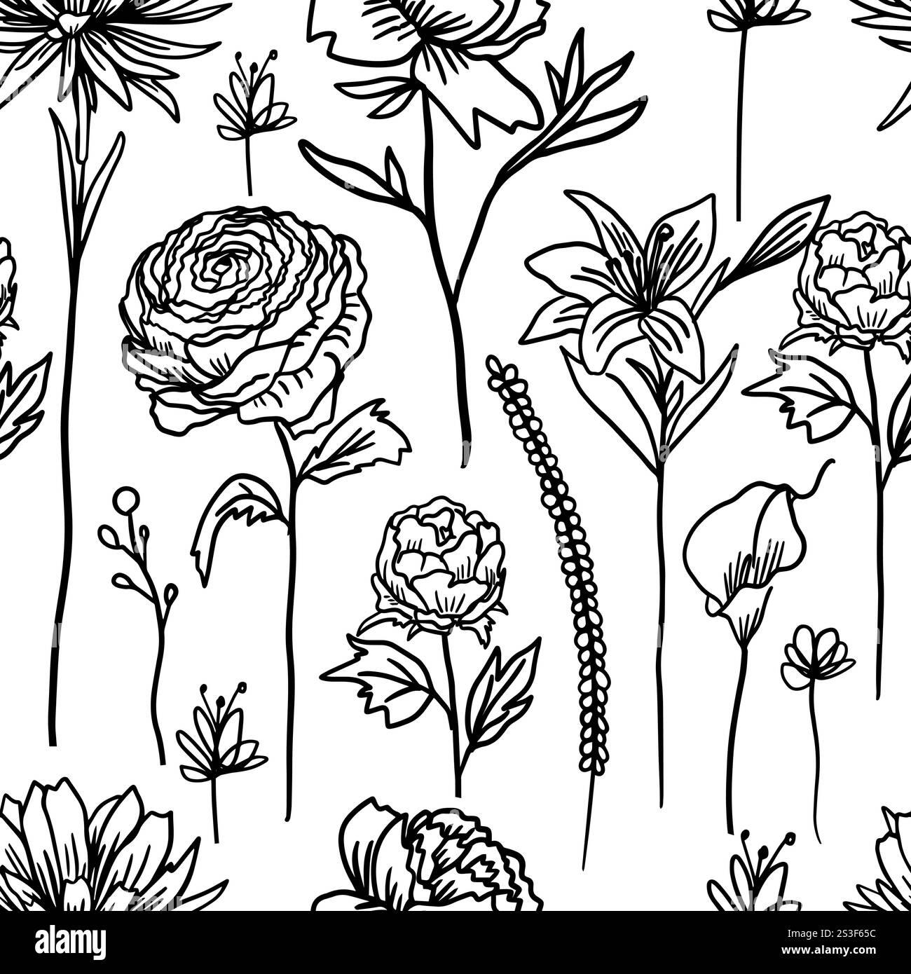 Vector spring flowers and leaves on long stems. Branches with large and ...