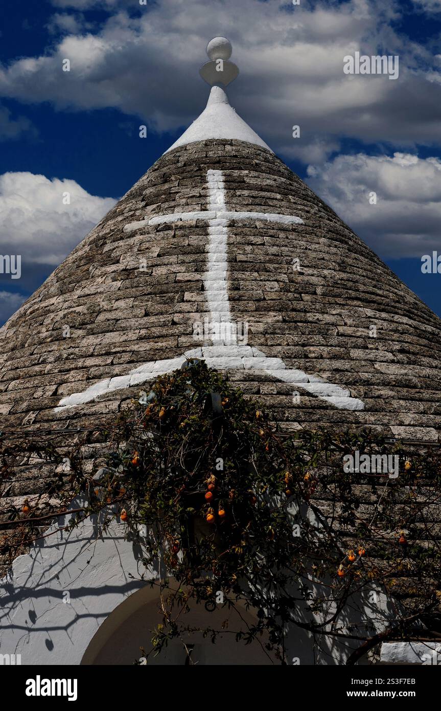 Oranges ripen below the whitewashed symbol of a Christian cross on the ...