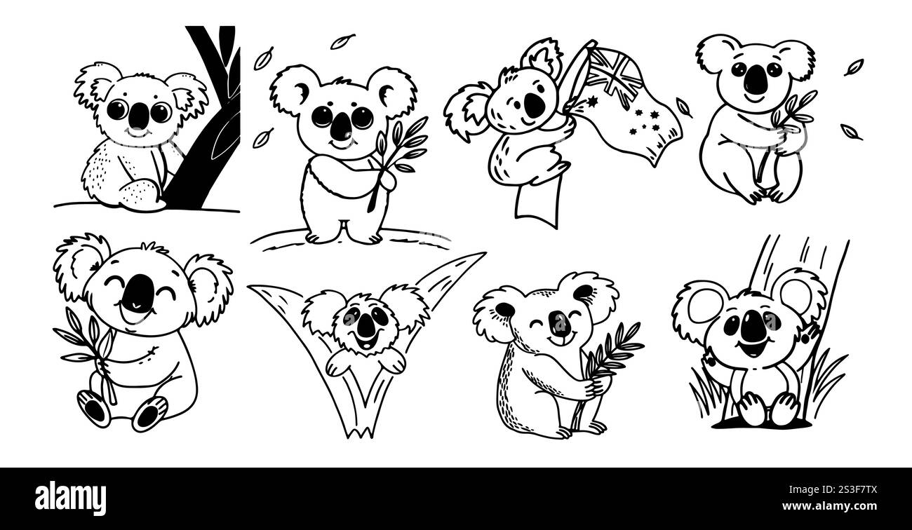 Doodle koala set. Hand drawn smiling koalas with eucalyptus for ...