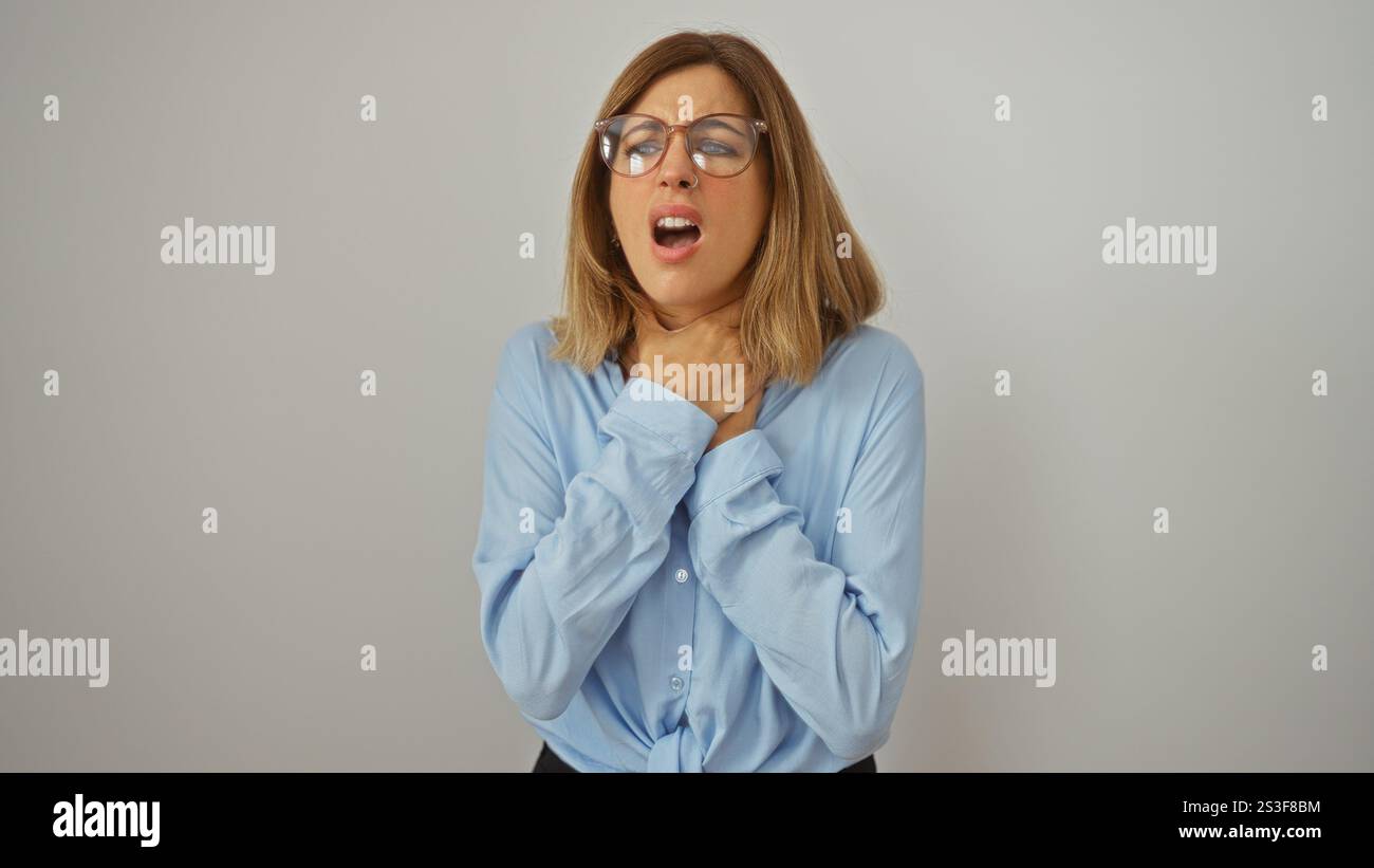 Woman choking on white background with glasses Stock Photo - Alamy