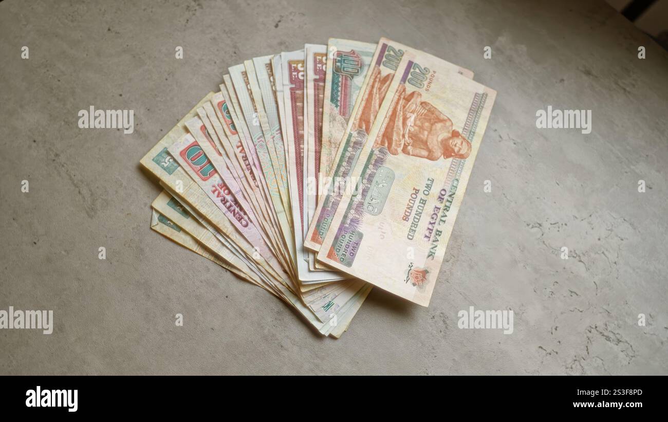 Egyptian banknotes displayed on a concrete surface showing various ...