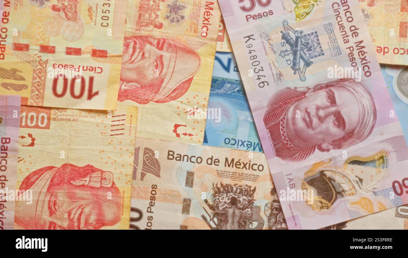 Detailed close-up of mexican pesos banknotes showcasing various ...