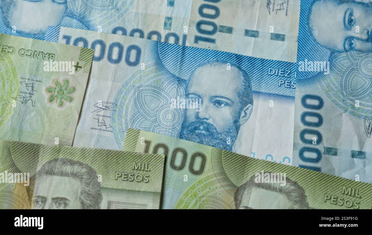 Chilean banknotes in various denominations, including 10000 pesos ...