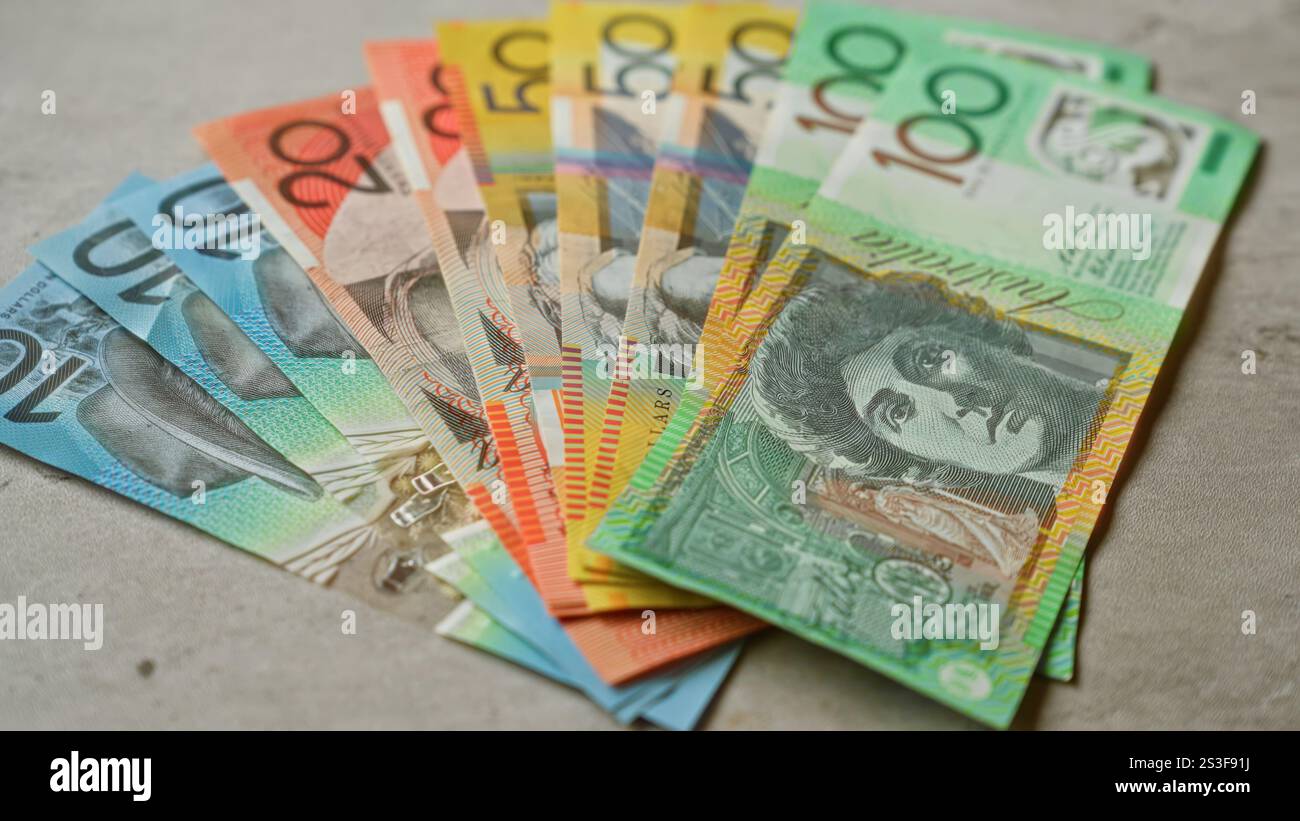 Australian, dollars, banknotes, in, various, denominations, placed, on ...