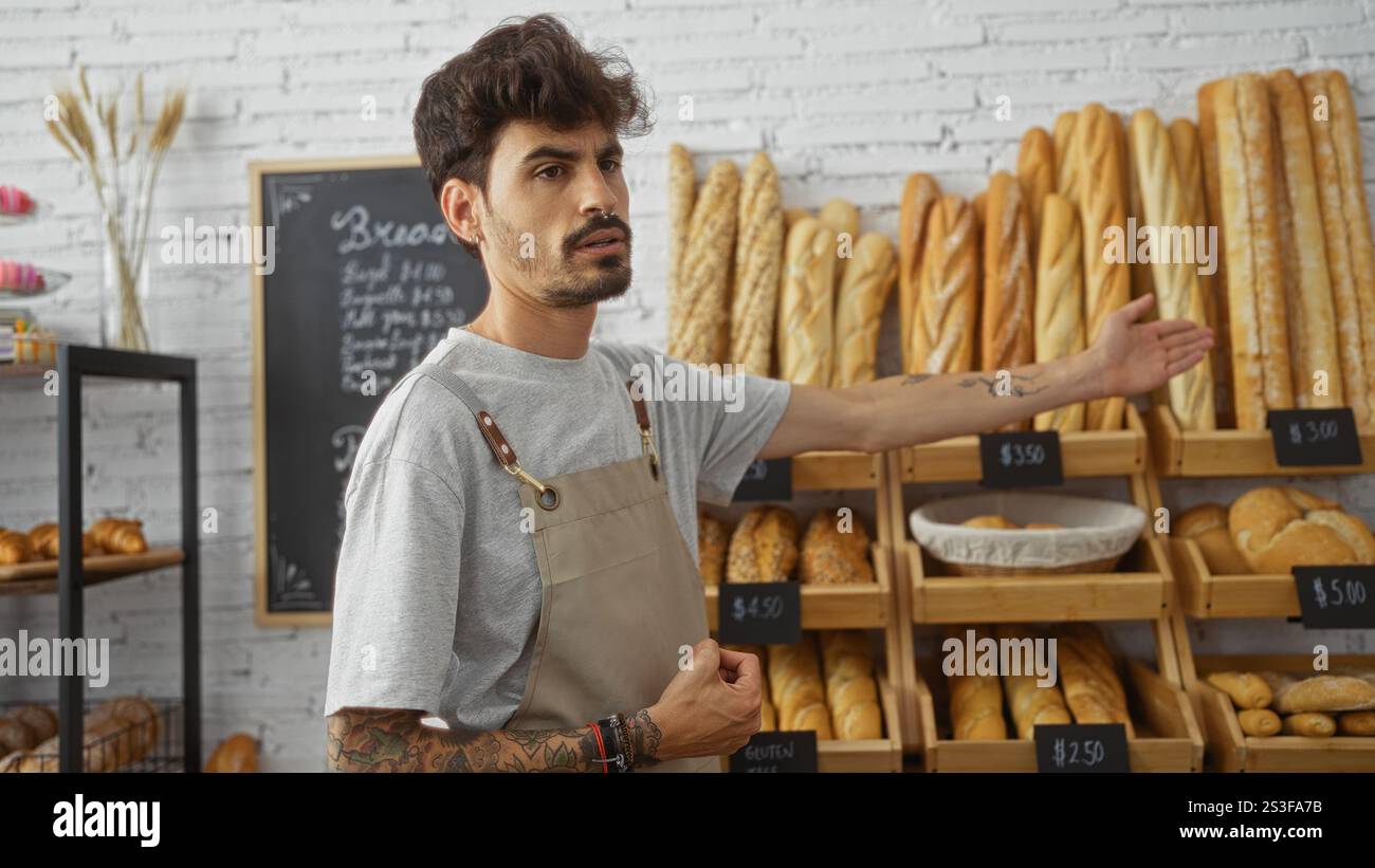 Young, hispanic, man pointing at bread in a bakery, wearing an apron ...