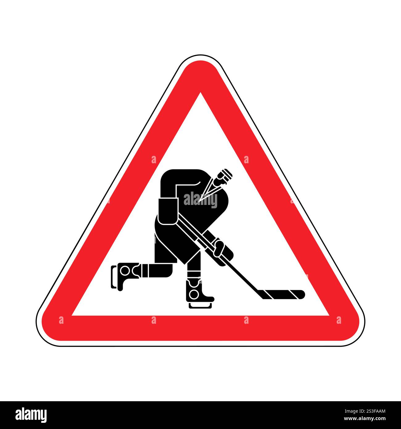 Attention hockey sign. Caution hockey player. Red triangular road sign ...