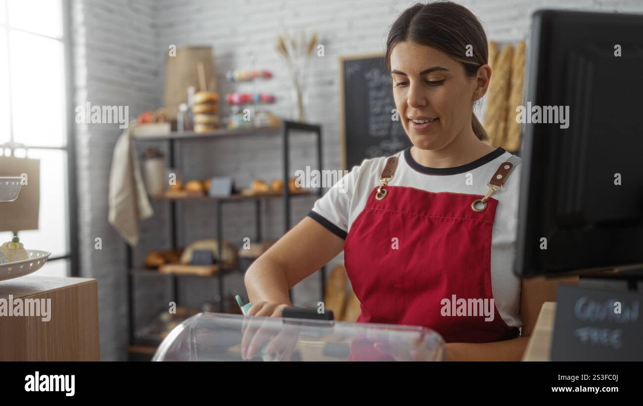 Young woman working in a bakery shop wearing a red apron, standing ...