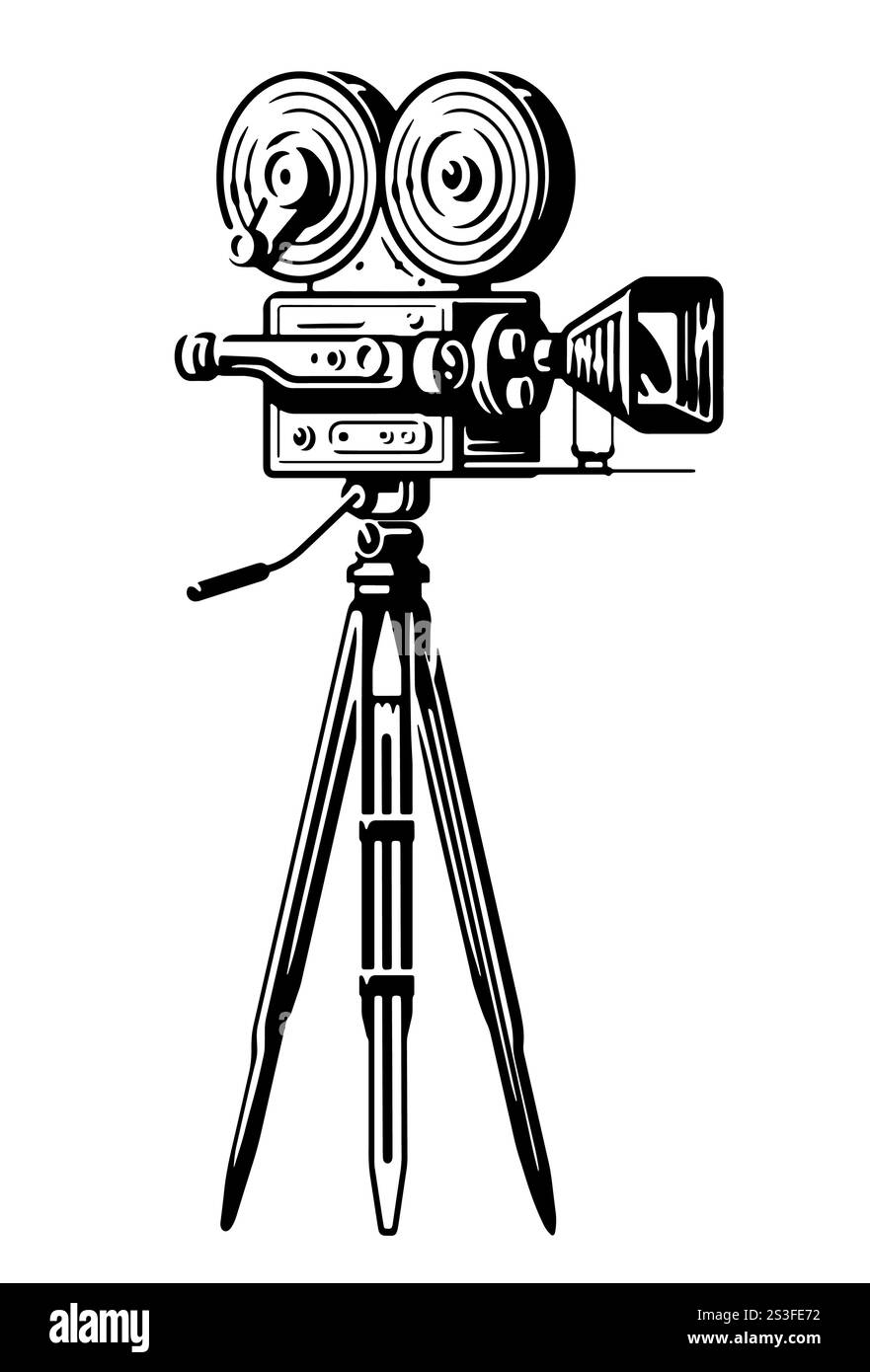 Retro movie camera on tripod. Cinema, shooting video, television. Hand ...
