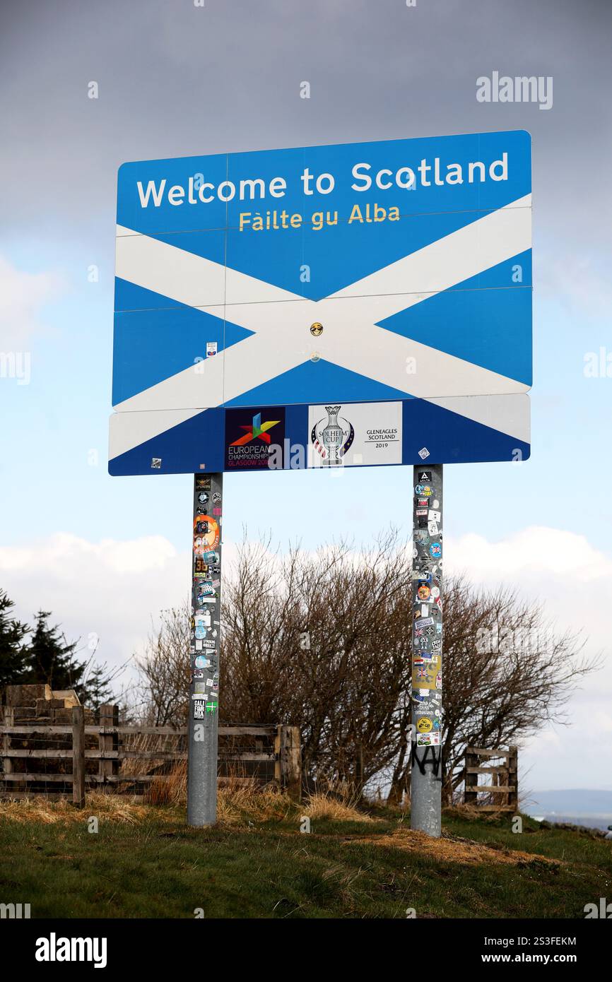General views of the main road border between England and Scotland in ...