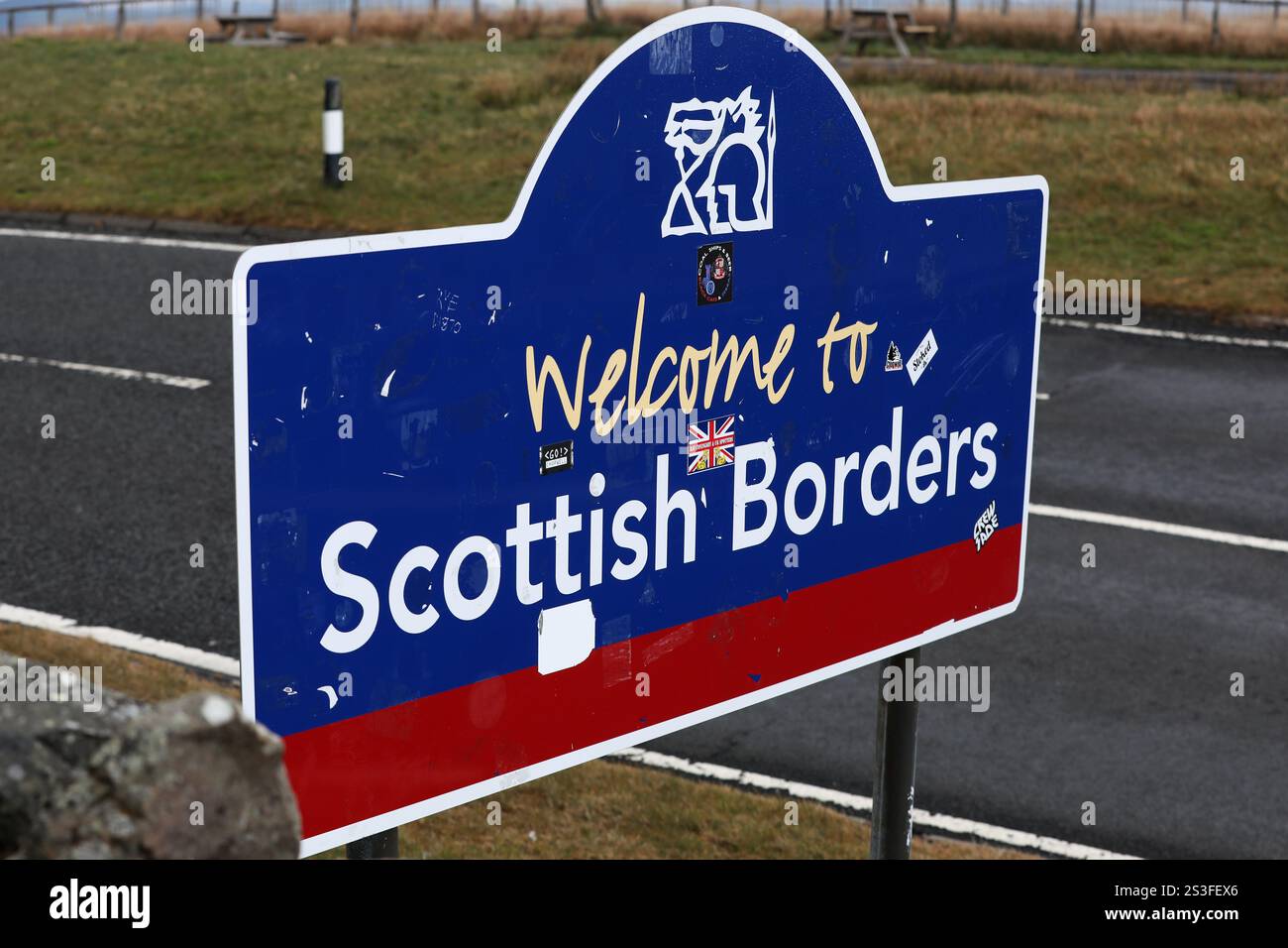 General views of the main road border between England and Scotland in ...