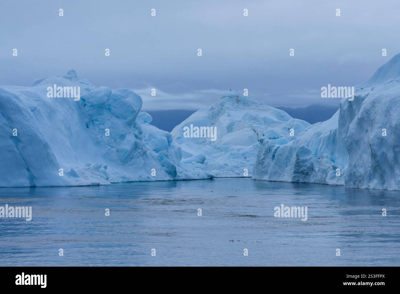 Large icebergs float in the World Heritage Site Ilulissat Icefjord ...