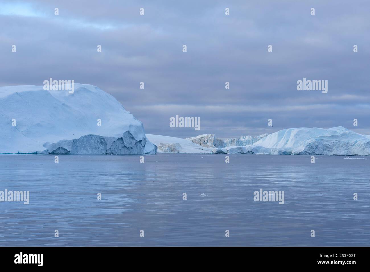 Large icebergs float in the World Heritage Site Ilulissat Icefjord ...