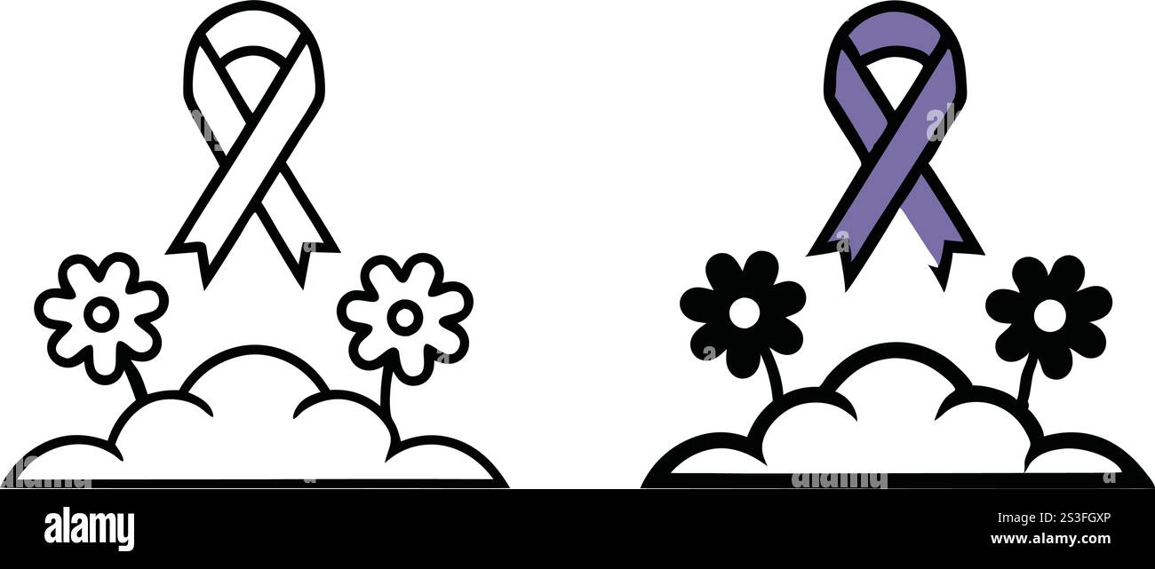 Purple cancer ribbon rising above a floral design to signify awareness ...