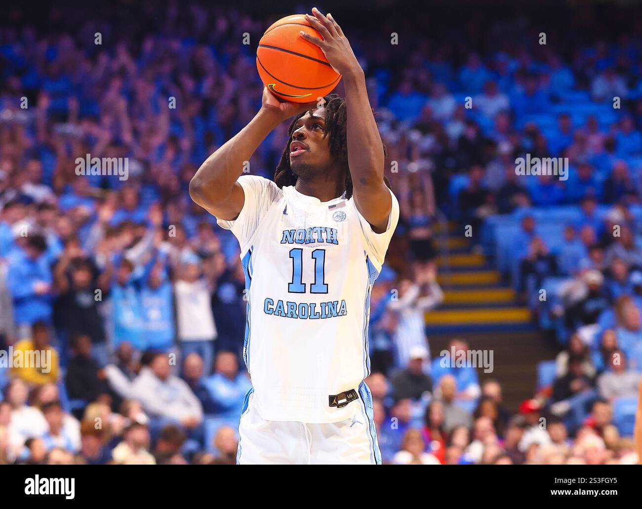 January 7, 2025: North Carolina freshman Ian Jackson (11) shoots ...