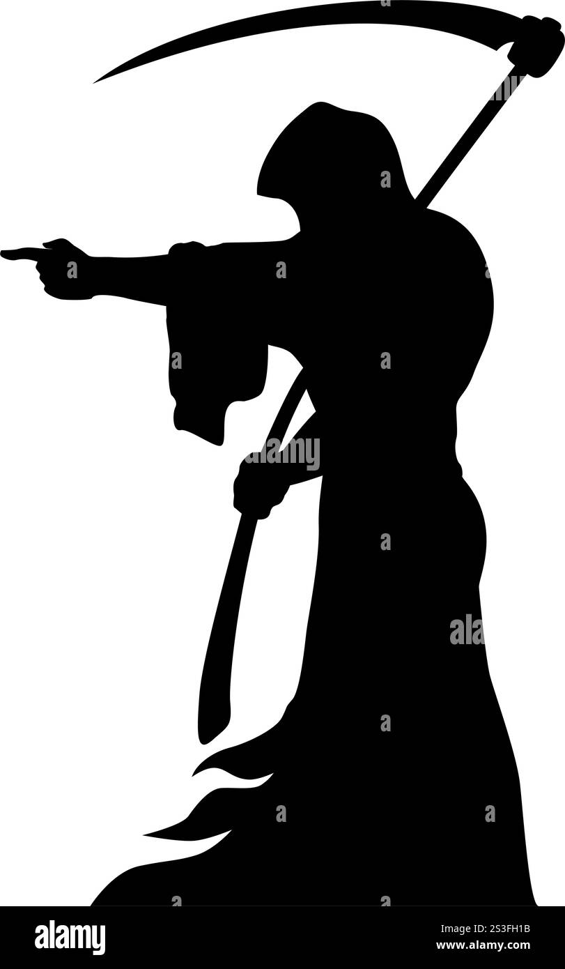 Grim Reaper of Death with scythe on shoulders points to victim. Vector ...