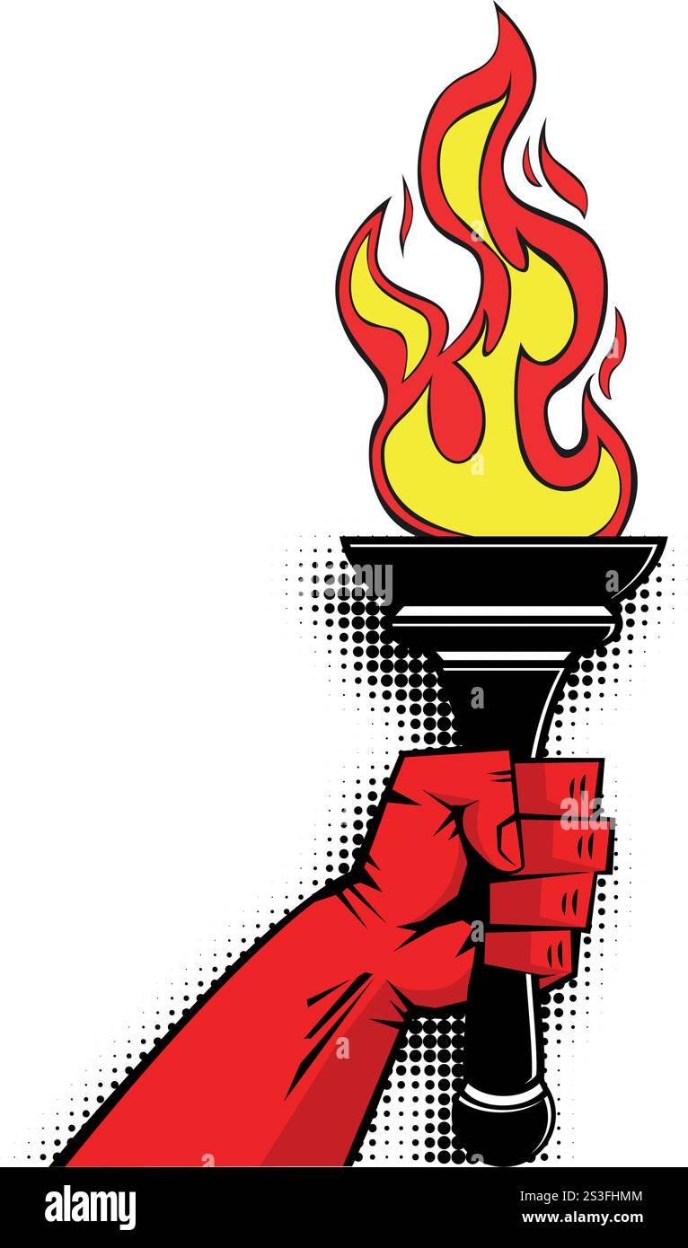 Red hand with flaming torch. Victory, sport and honor concept template ...