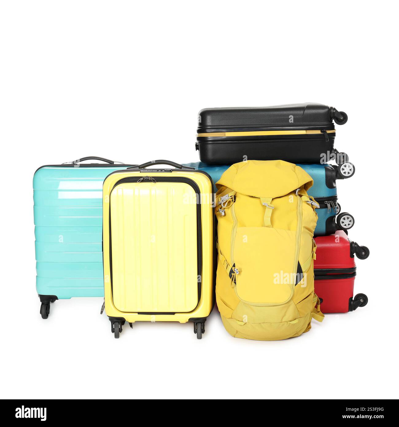Many colorful suitcases and backpack isolated on white Stock Photo - Alamy