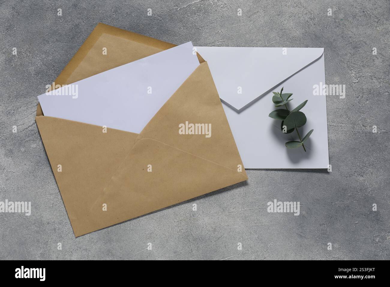 Paper envelopes with letter and eucalyptus branch on gray textured ...