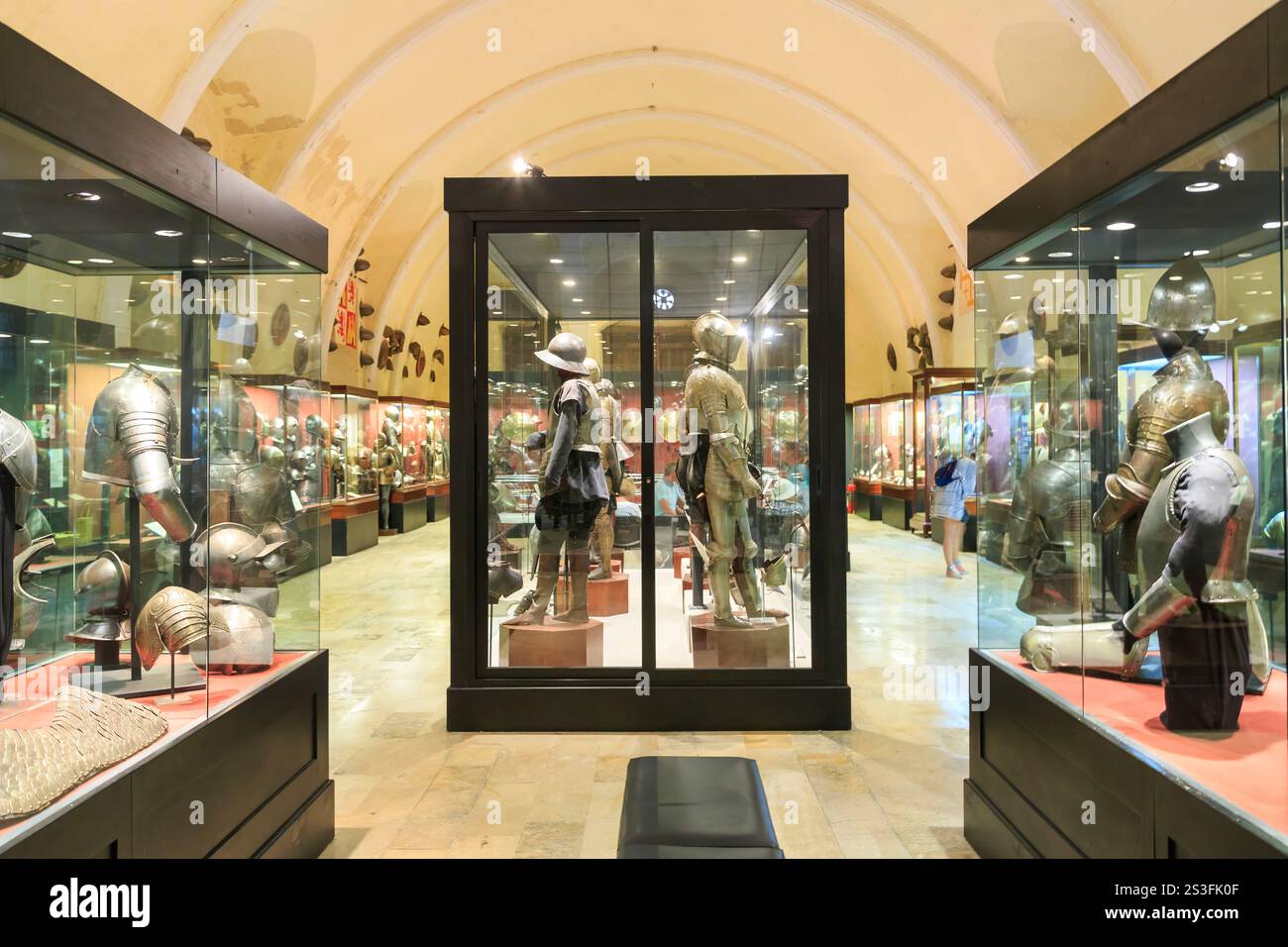 Museum glass cases displaying armour, Palace armoury, Valletta, Malta ...