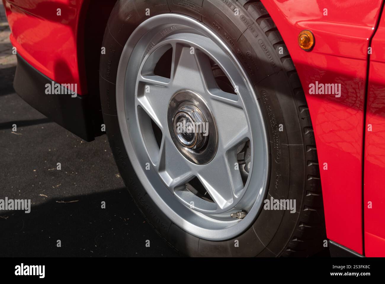 Ferrari, detail of the brand and alloy wheels. Ferrari cars are today ...