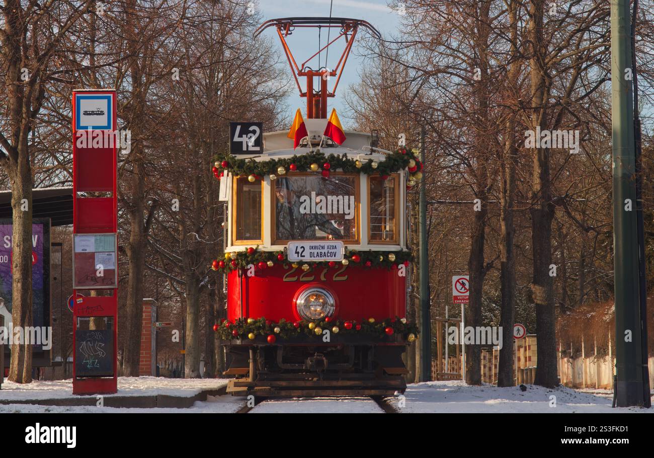 Prague, Czech Republic - January 4th, 2025: Historical tram line number ...