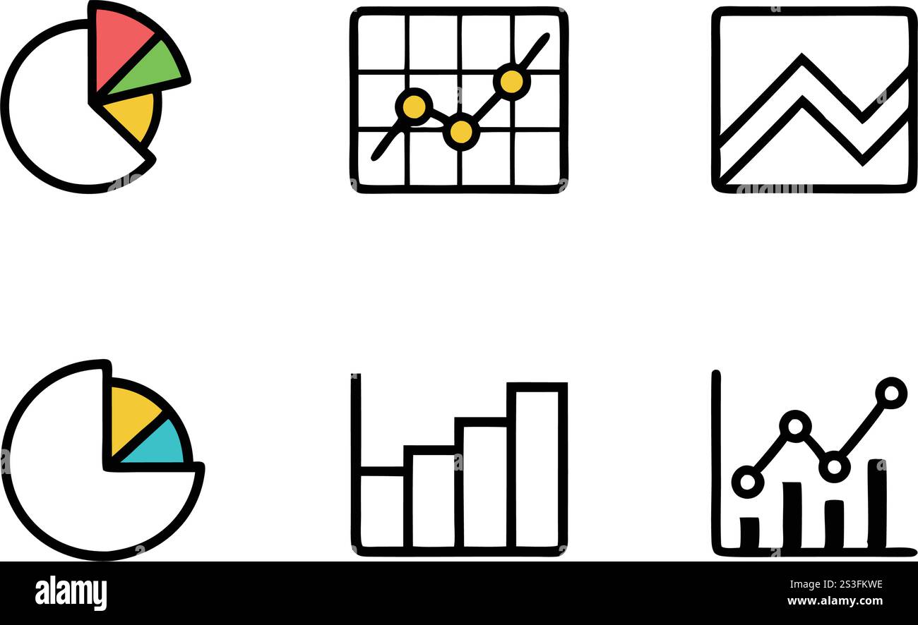 Colorful and minimalist pie charts, bar graphs, and line graph icons representing data analytics ...
