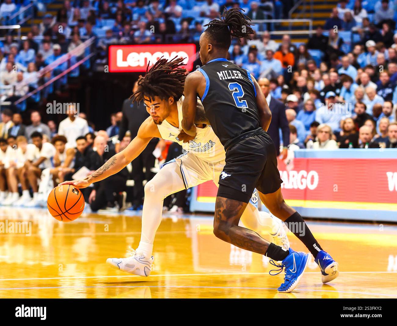 January 7, 2025: North Carolina sophomore Elliot Cadeau (3) dribbles in ...