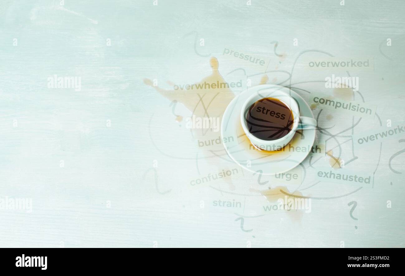 Cup of coffee with spilled drink, stress, overworked and pressure ...