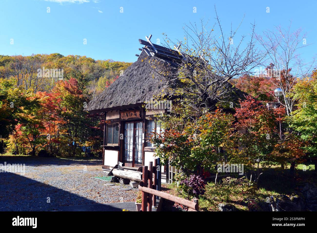 Traditional thatched roof house in the Japanese Alps, Mount Norikura ...