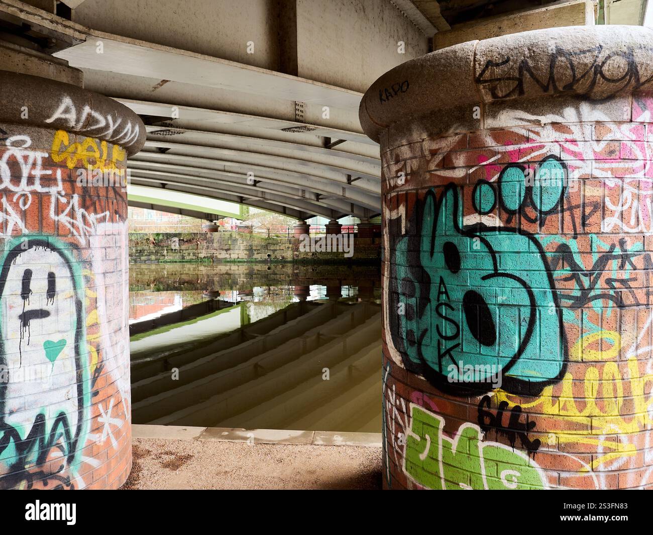 Salford , Manchester, UK, 01-04-2025: Underpass with vibrant graffiti ...