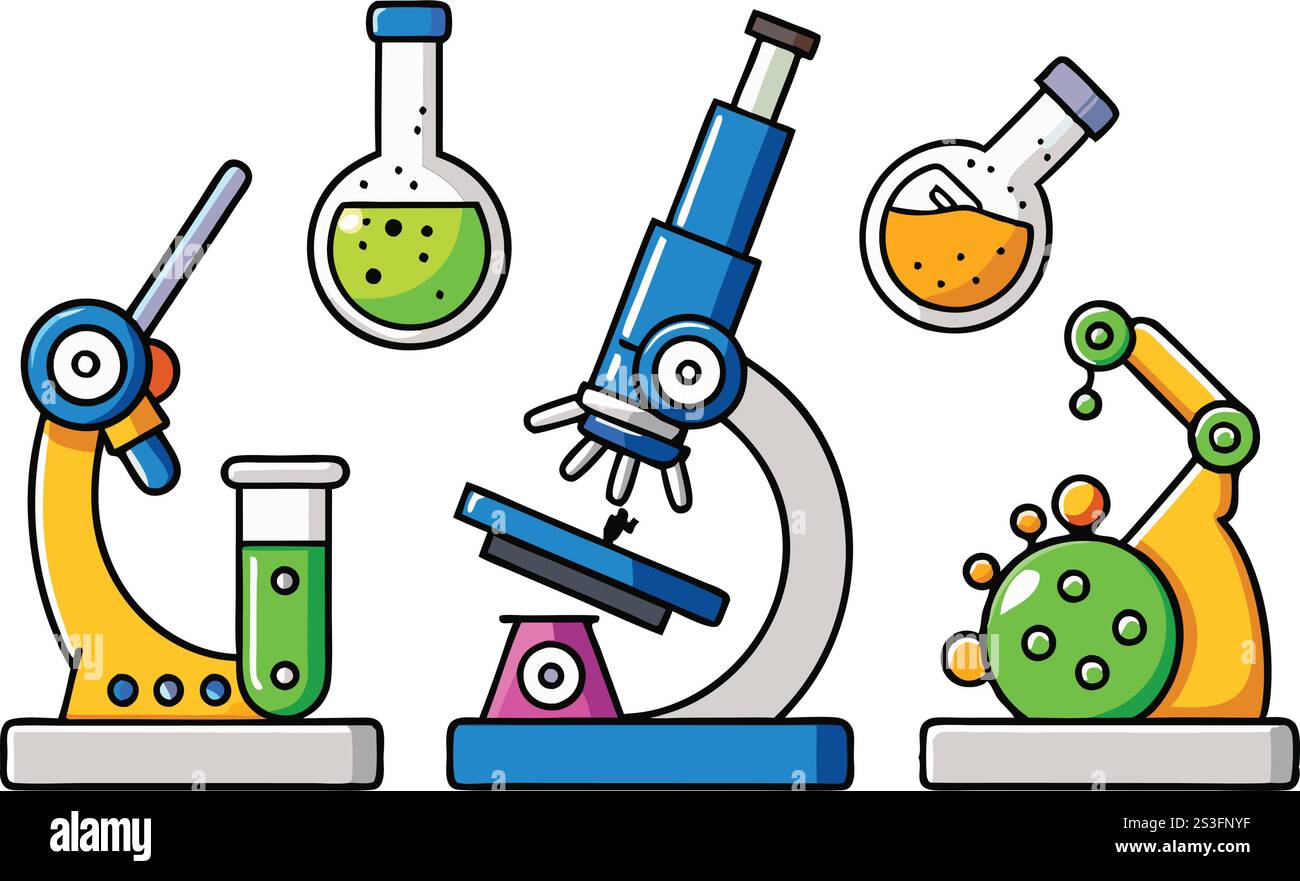 Fun and vibrant laboratory icons featuring microscopes, chemical flasks ...