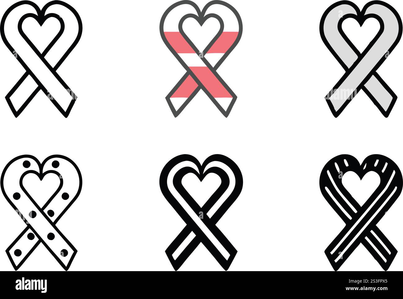Heart shaped cancer awareness ribbons in minimalistic line art design ...