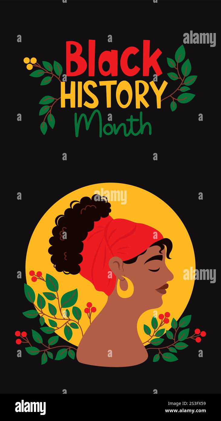 Black History Month poster with profile of african american woman with ...