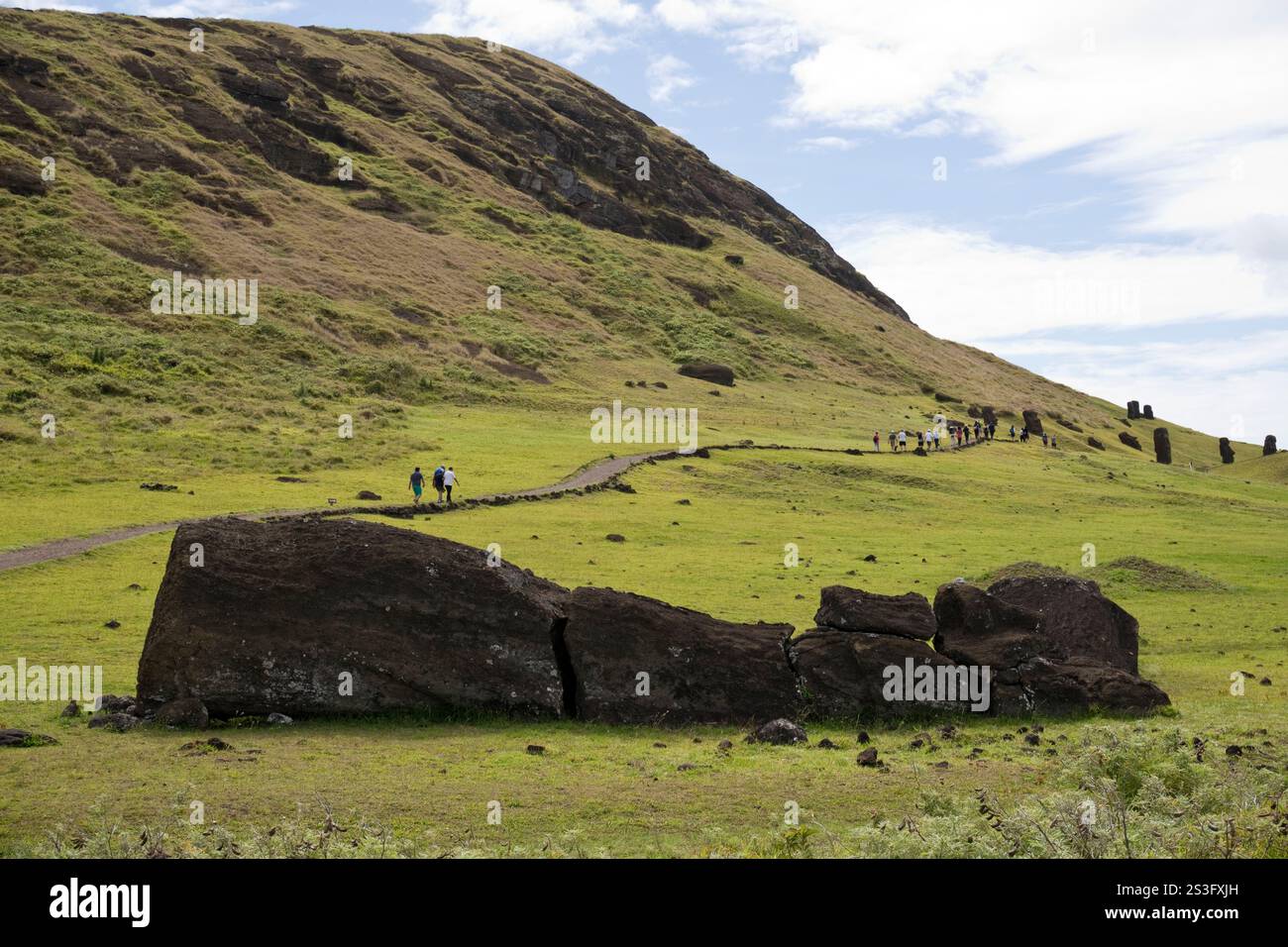 A fallen and broken Moai (monolithic statue) at Rano Raraku, the quarry ...