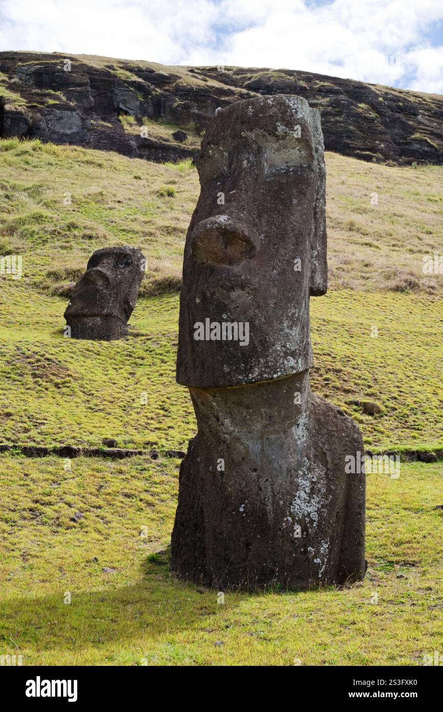 Half buried Moai (monolithic statues) at Rano Raraku, the quarry where ...