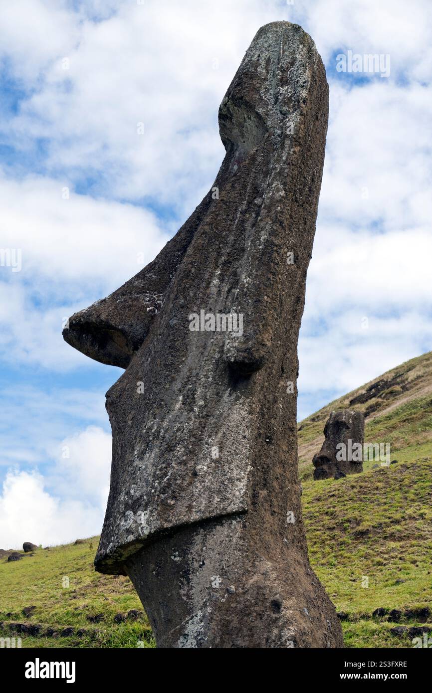 Half buried Moai (monolithic statues) at Rano Raraku, the quarry where ...