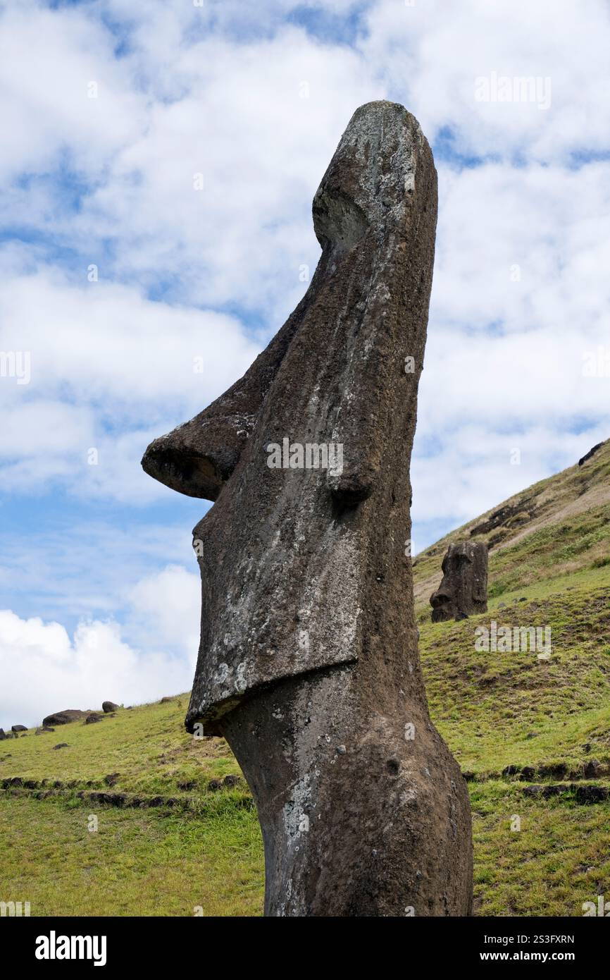 Half buried Moai (monolithic statues) at Rano Raraku, the quarry where ...