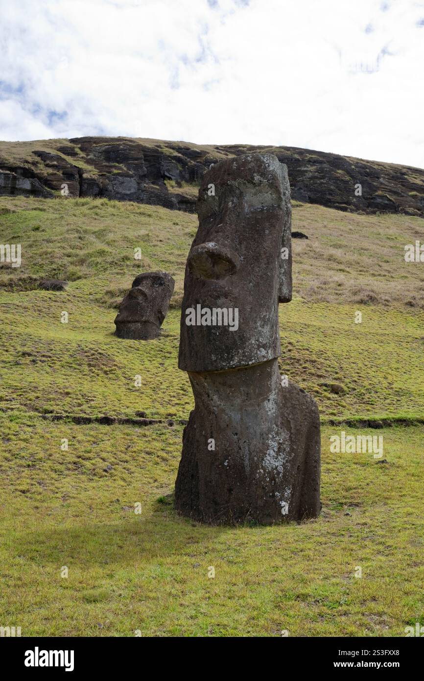 Half buried Moai (monolithic statues) at Rano Raraku, the quarry where ...