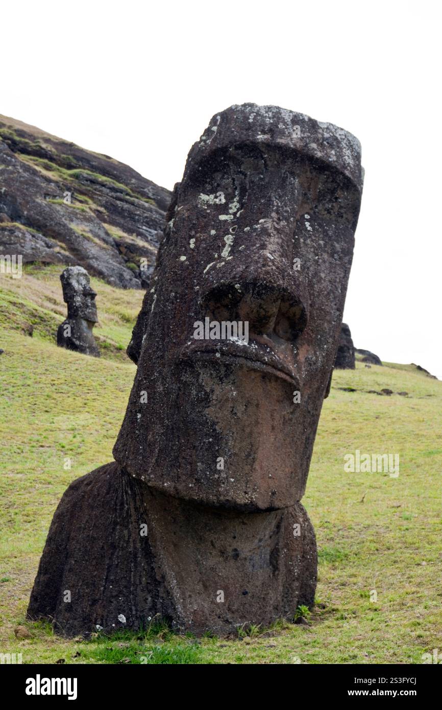 Half buried Moai (monolithic statues) at Rano Raraku, the quarry where ...