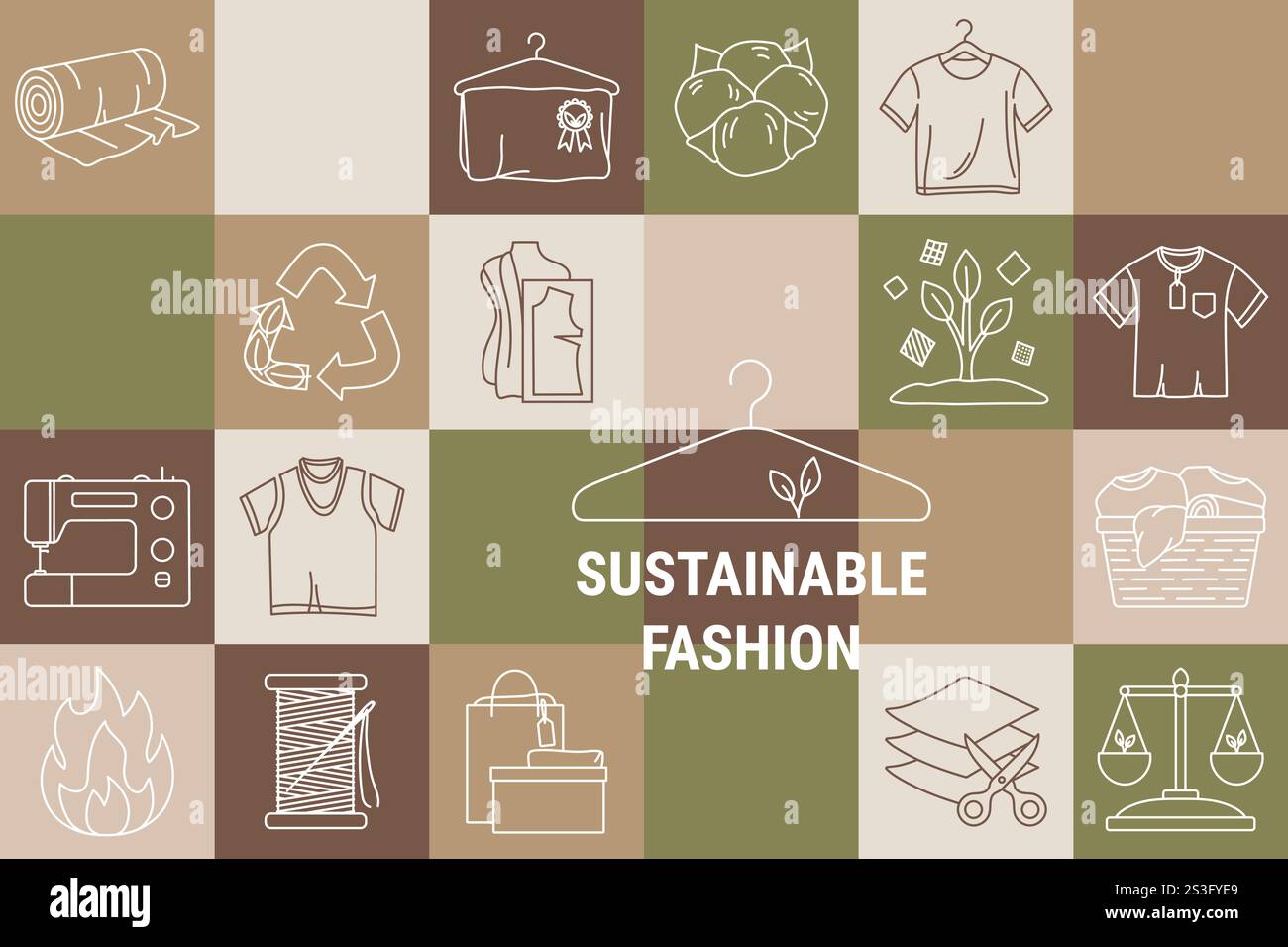 Circular fashion economy concept. Banner with icons representing sustainable practices like ...