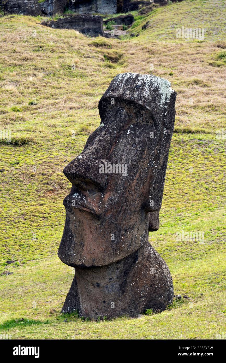Half buried Moai (monolithic statues) at Rano Raraku, the quarry where ...