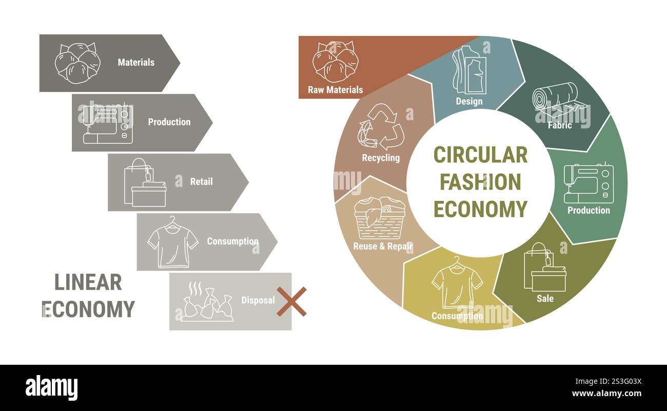 Comparison of linear and circular fashion economy infographic. Scheme ...