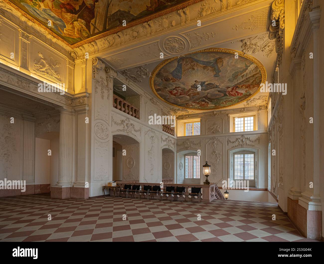 Magnificent staircase with impressive intricate stucco paintings and ...
